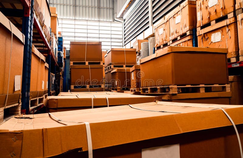 Warehouse with Lots of Old Cardboard Box. Stock Image - Image of ...