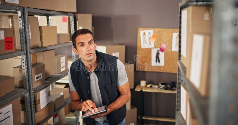 Warehouse, Man and Tablet for Checklist, Quality Control and Production ...