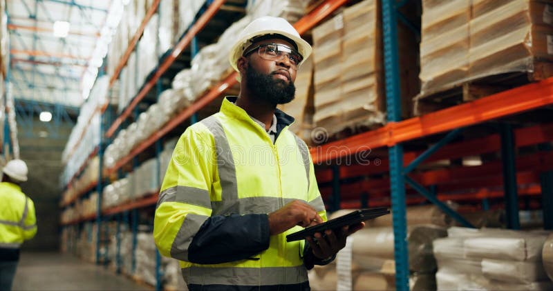 Warehouse, Man and Tablet in Inspection on Logistic, Quality Control or ...