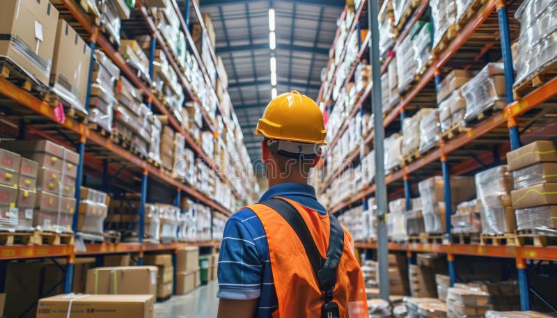 In a Warehouse, a Man Wears a Hard Hat and Orange Vest, Typical for ...