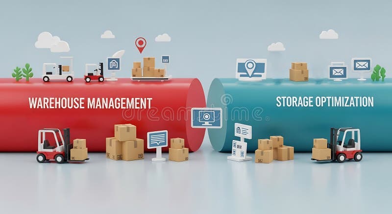 Warehouse Management and Storage Optimization Illustrated with Forklifts and Boxes Concept Stock ...