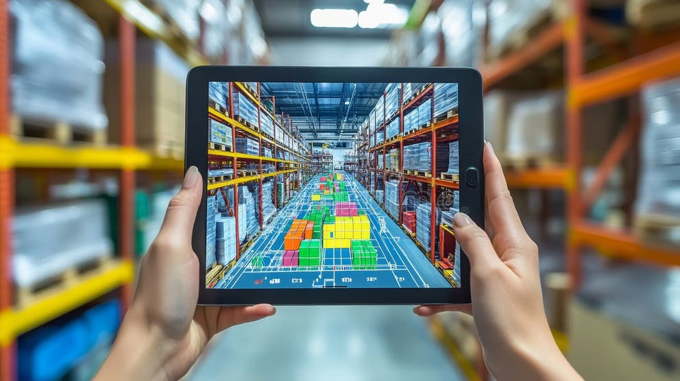 Warehouse Management System, Woman Using Tablet with Digital Floor Plan for Inventory ...