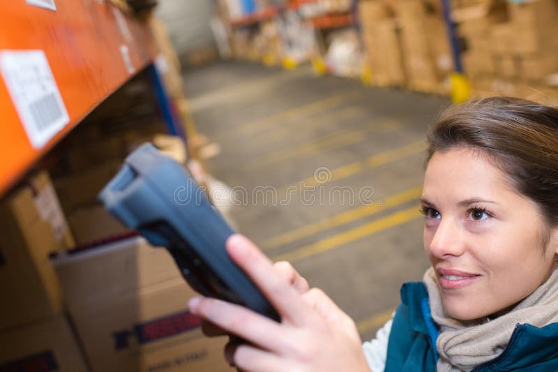 Warehouse Management System Worker with Barcode Scanner Stock Photo ...