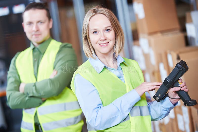 Warehouse Management System. Workers with Barcode Scanner and Stacker ...