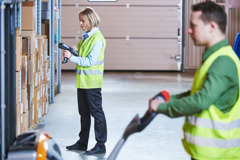 Warehouse Management System. Workers with Barcode Scanner and Stacker ...