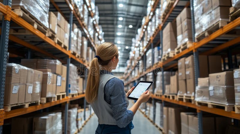 Warehouse Management with Technology, Woman Working on Digital Tablet for Stock Control. Stock ...