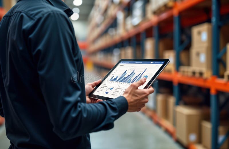 Warehouse Manager Examines Inventory Management Software Dashboard on ...