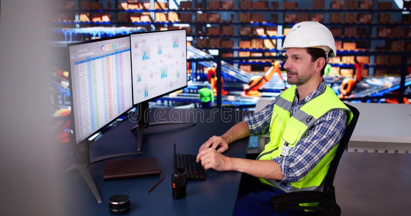 Warehouse Manager Sitting at Desktop Computer. Delivery Logistic Stock ...