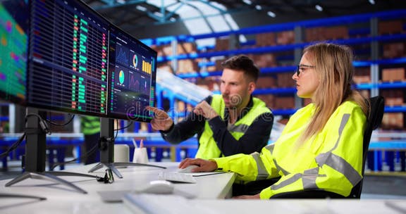 Warehouse Manager Studies Logistics Using Spreadsheets Stock Photo ...