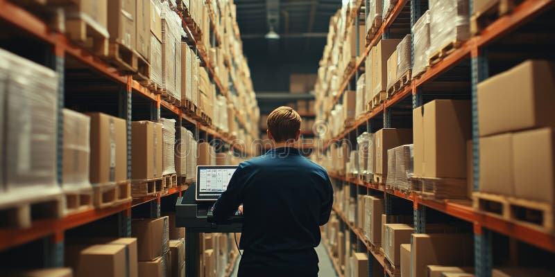 Warehouse Manager Using Laptop, Managing Inventory and Logistics in ...