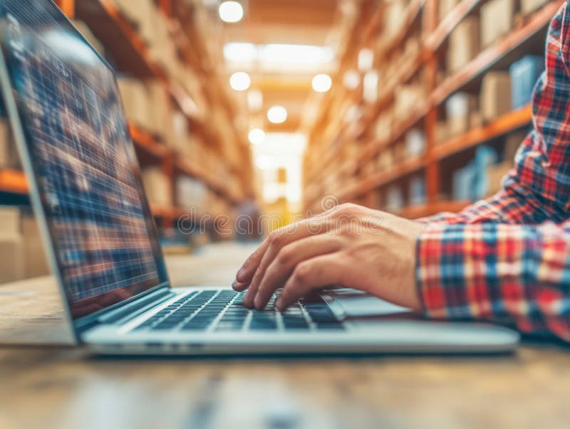 Warehouse Manager Using Laptop, Managing Inventory and Logistics in ...