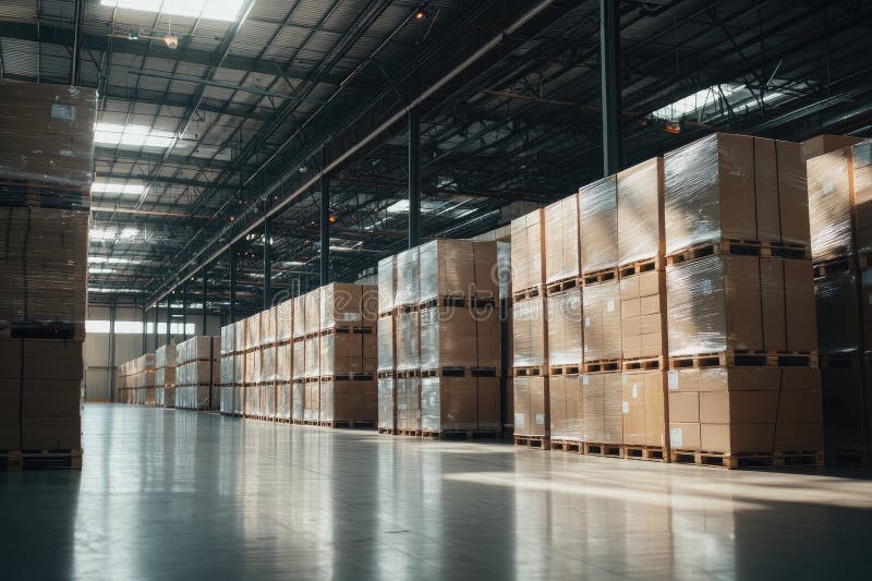 A Warehouse with Many Boxes Stacked on Pallets Stock Photo - Image of ...