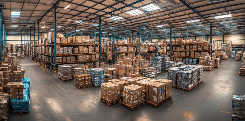 A Warehouse with Many Boxes Stacked on Pallets Stock Illustration ...