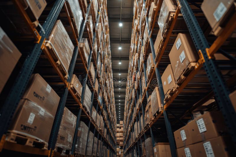 A Warehouse with Many Boxes Stacked on Shelves Stock Photo - Image of ...