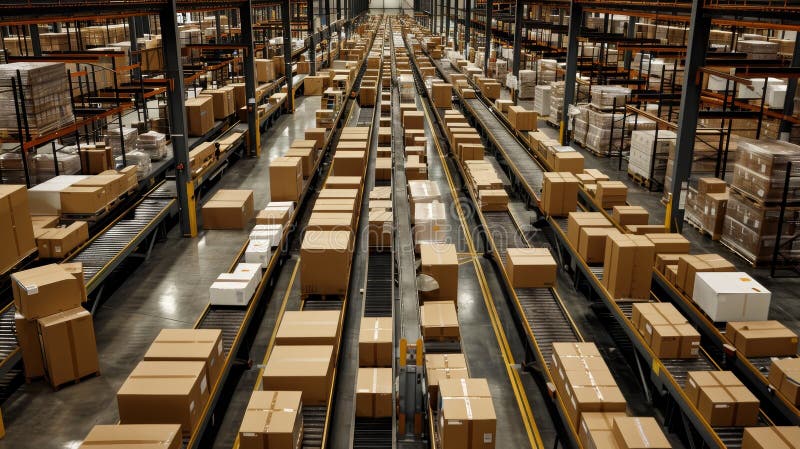A Warehouse with Many Boxes Stacked on Top of Each Other Stock Photo ...