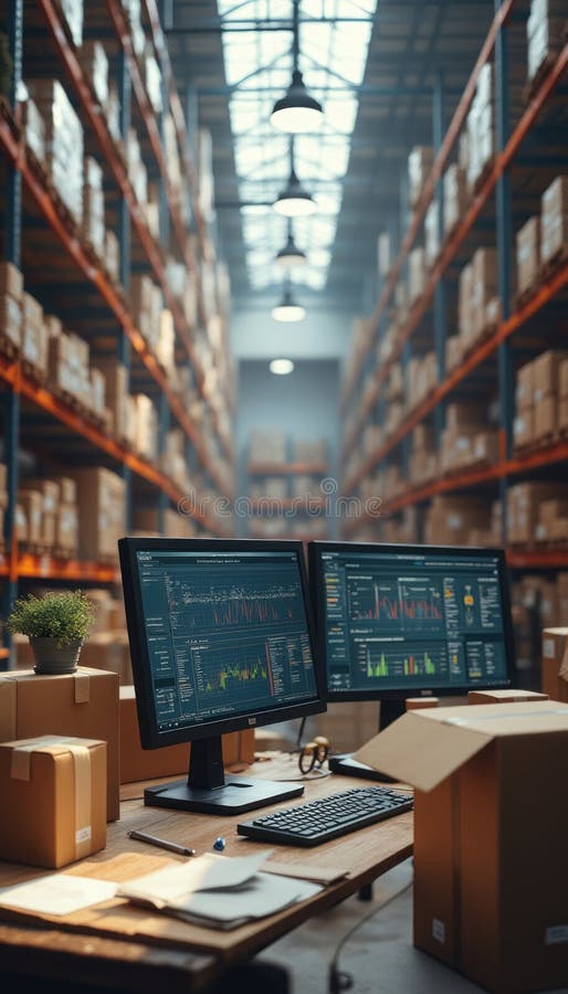 Warehouse with Monitors Tracking Inventory Stock Image - Image of ...