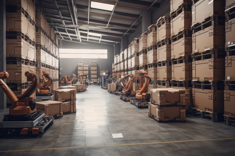 Warehouse, with Multiple Robots Performing Different Tasks Such As Picking, Packing, and ...