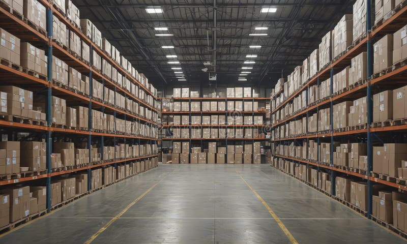 Warehouse with Multiple Rows Cardboard Boxes on Shelves, Illuminated by ...