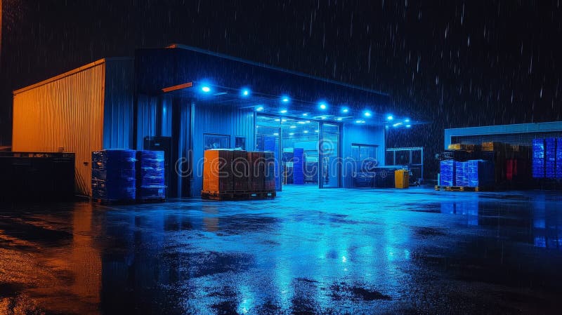 Warehouse at Night with Rainfall Illuminated by Blue Lights Stock Photo ...