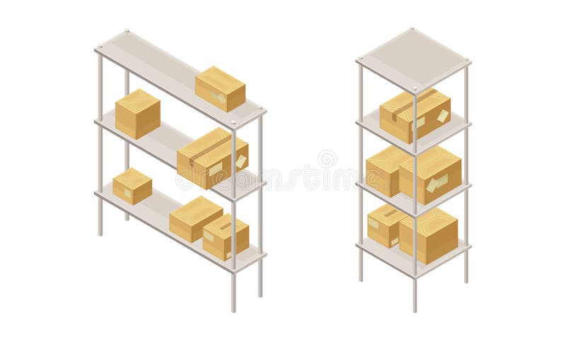Warehouse Objects Set. Cardboard Boxes on Racks Stock Vector ...