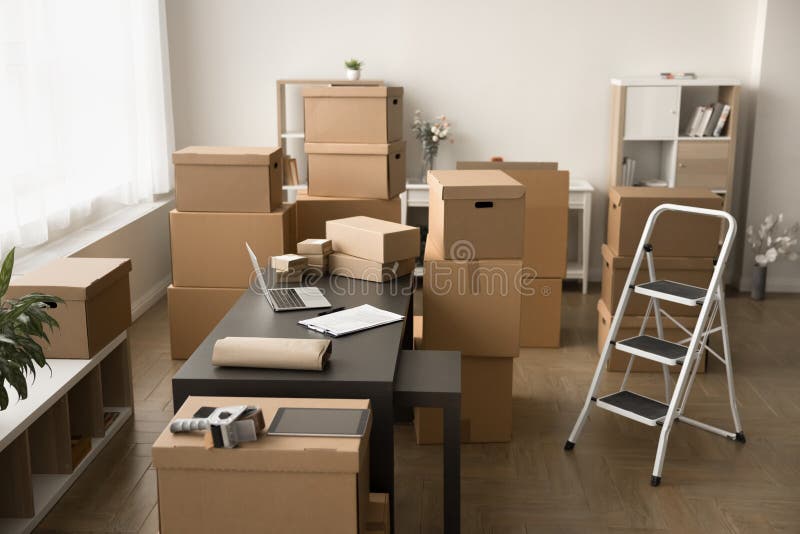 Warehouse Office Workplace with Laptop Computer on Work Desk Stock ...