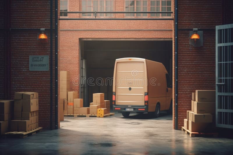 Warehouse with Open Door, Delivery Van Loaded with Cardboard Boxes ...