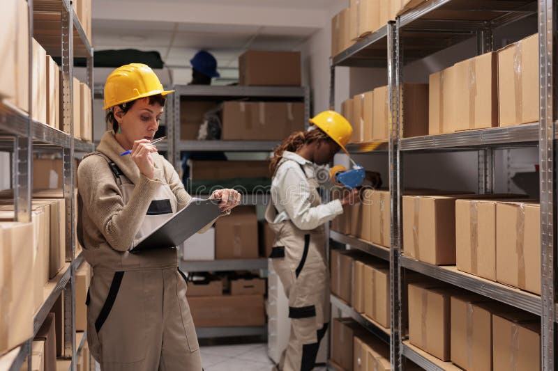 Warehouse Operative Looking at Checklist on Clipboard, Counting Boxes ...