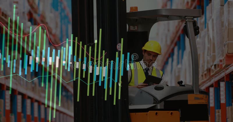 Warehouse Operator Driving Forklift while Tapping Tablet and Animated ...
