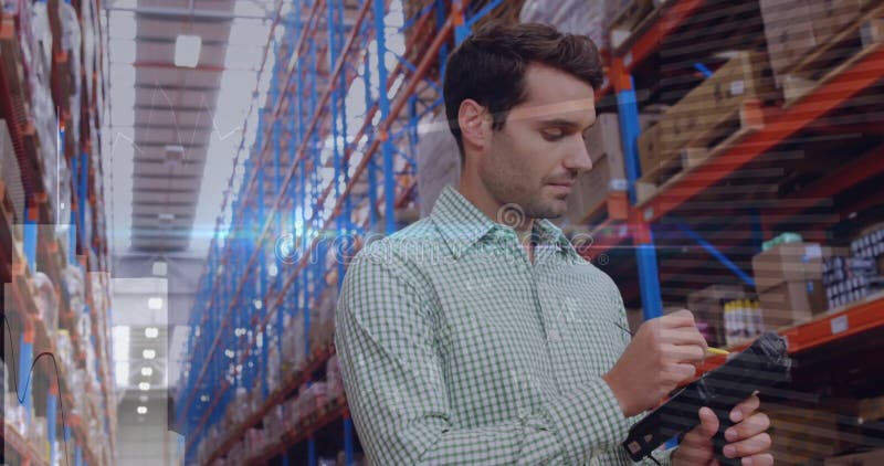 Warehouse Operator Tapping Scanner Touchscreen and Scanning Box ...