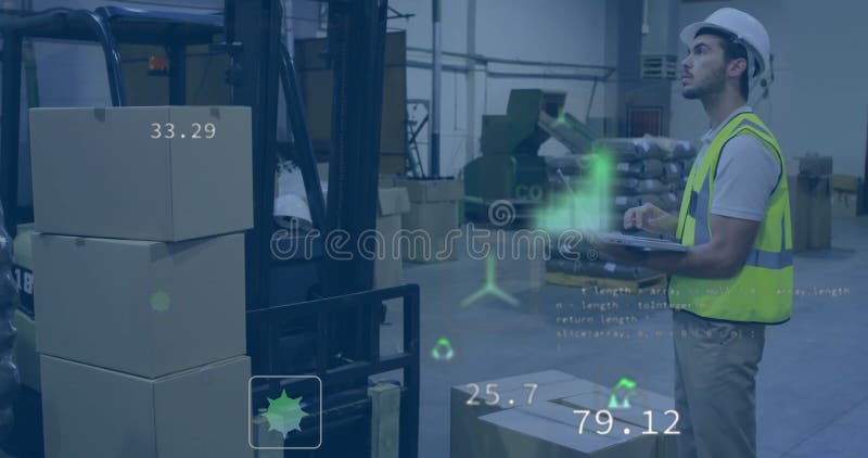 Warehouse Operator Using Laptop in Warehouse, Displaying Floating ...