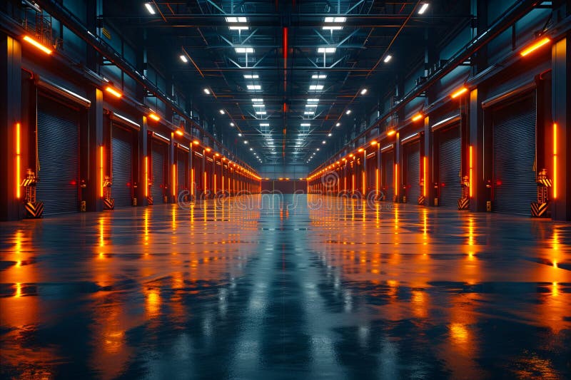 A Warehouse with Orange Lights and a Long Hallway Stock Photo - Image ...