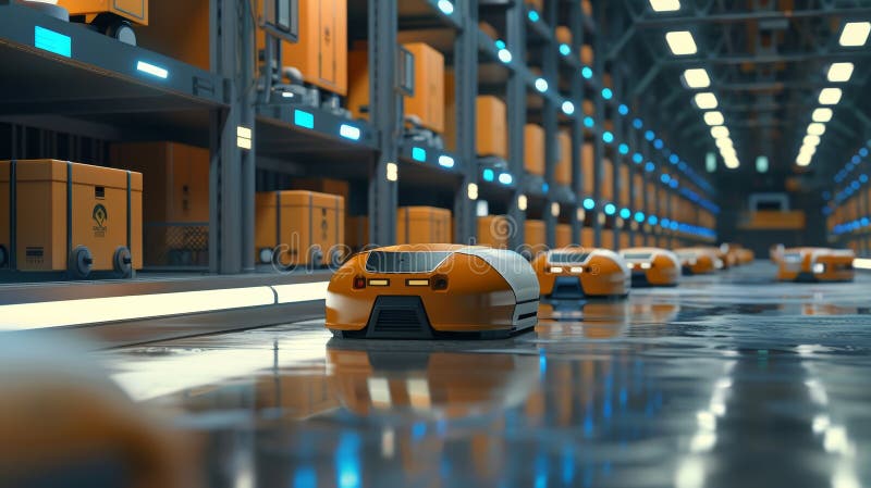 A Warehouse with Orange Robots Moving Around Stock Photo - Image of ...