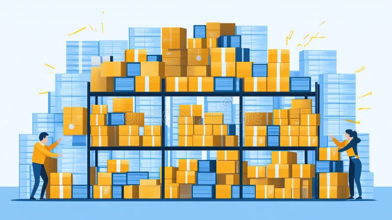 Warehouse with Overflowing Shelves Full of Boxes. Workers Stocking and ...