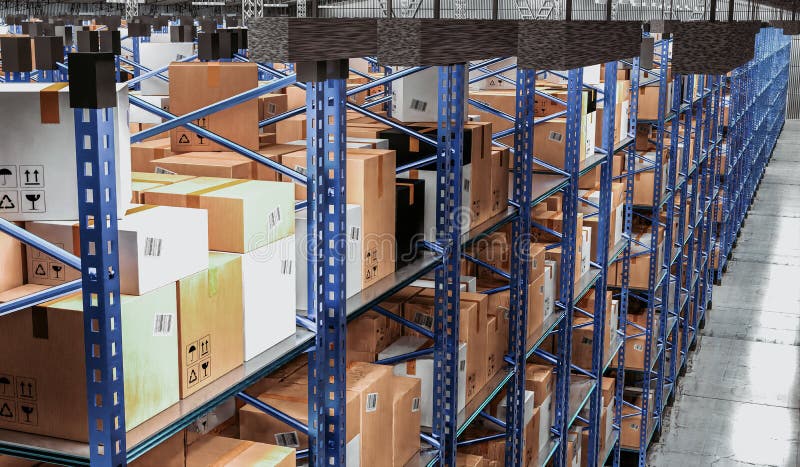 Warehouse with Packages on Shelves - 3D Illustration Stock Illustration ...
