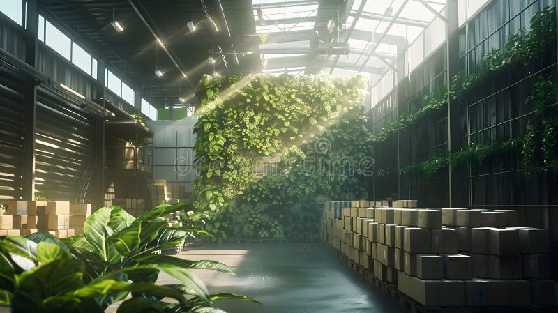 Warehouse with Packages and Vertical Garden in Natural Light Stock ...