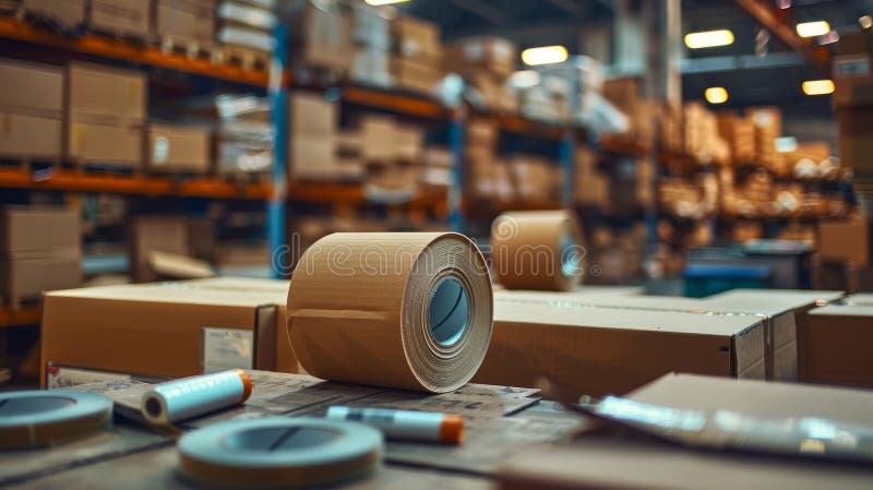 Warehouse with Packaging Materials and Stocked Shelves Stock Photo ...