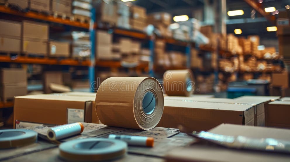 Warehouse with Packaging Materials and Stocked Shelves Stock Photo ...