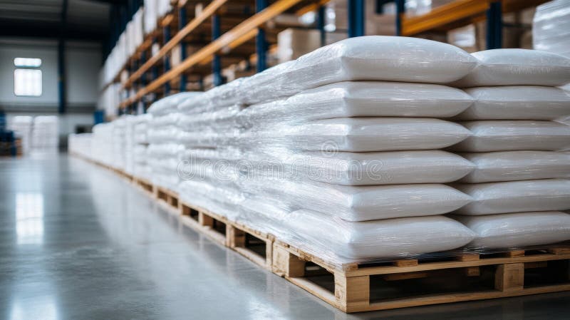 Warehouse Pallet Stacked with Plastic Bags of Product Stock ...