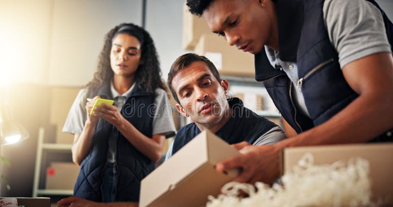 Warehouse, People and Box for Teamwork, Shipping and Production with ...