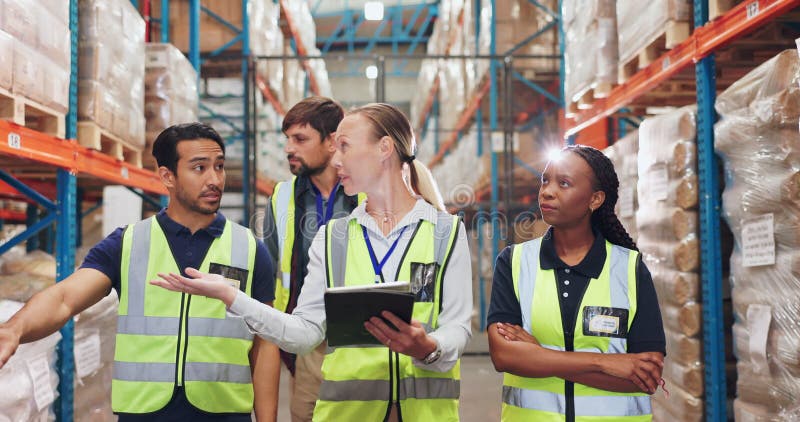 Warehouse, People and Walking with Tablet or Discussion, Inspection and ...