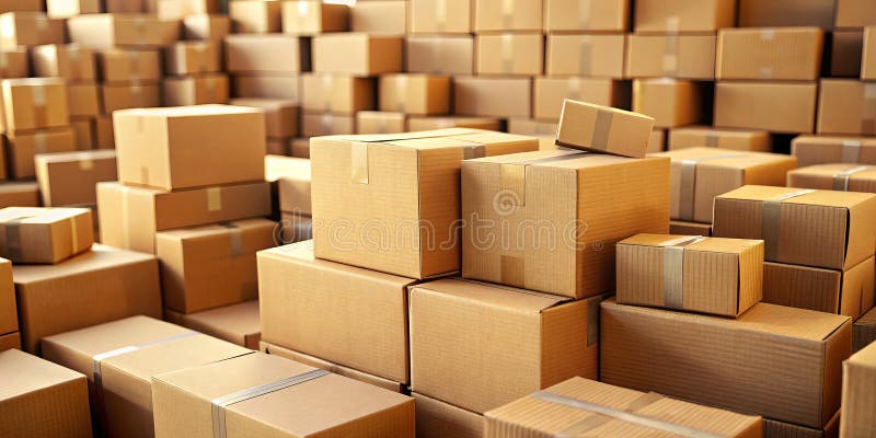 Warehouse Perspective Stacked Cardboard Boxes, Warm Lighting, Logistics ...