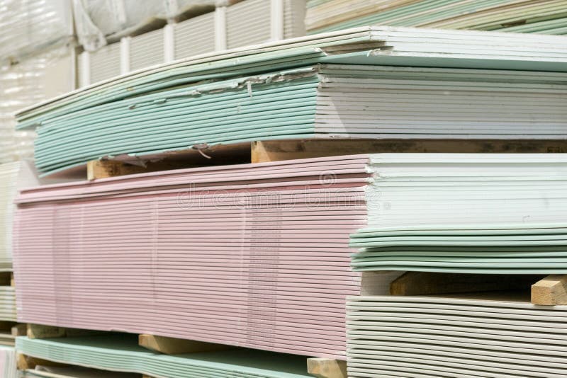 Warehouse with Plasterboard. Sheets of Plasterboard on Pallets ...