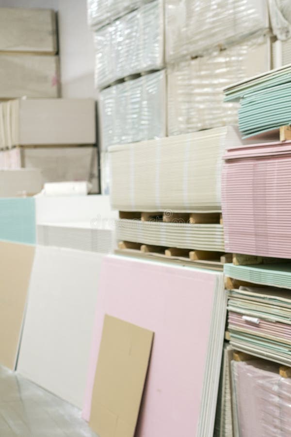 Warehouse with Plasterboard. Sheets of Plasterboard on Pallets. Stock ...