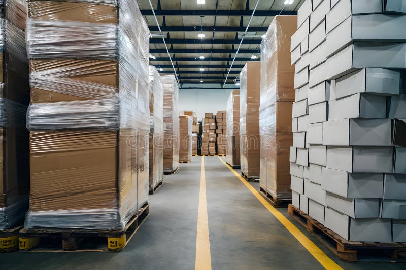 Warehouse with Plastic Wrapped Boxes and Stacks Under High Ceiling ...