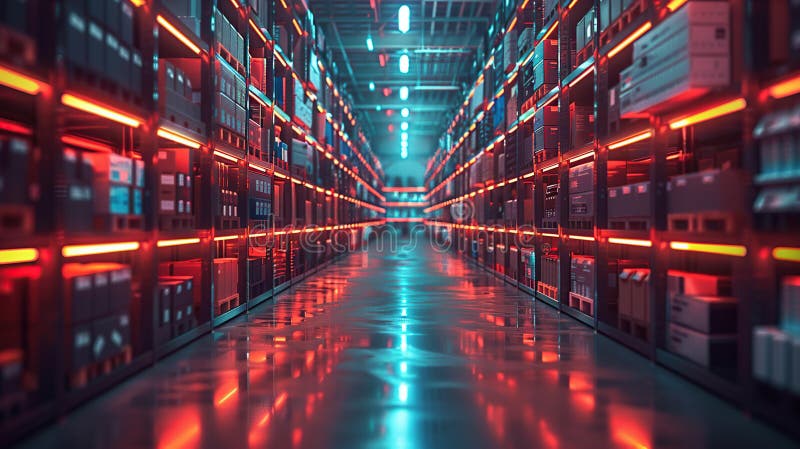 Warehouse with Red and Blue Lights Stock Illustration - Illustration of ...