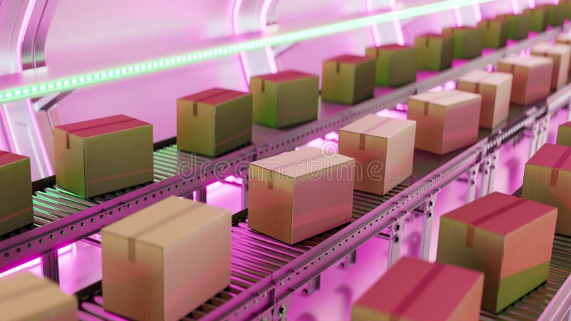 Warehouse Reflecting in Pink Light with Carton Boxes on Conveyers. 3d ...