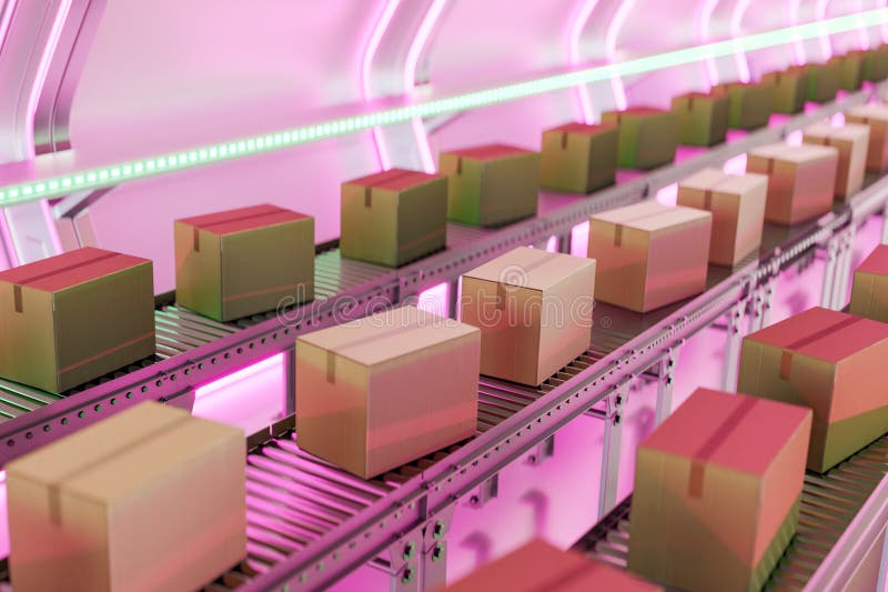 Warehouse Reflecting in Pink Light with Carton Boxes on Conveyers. 3d ...