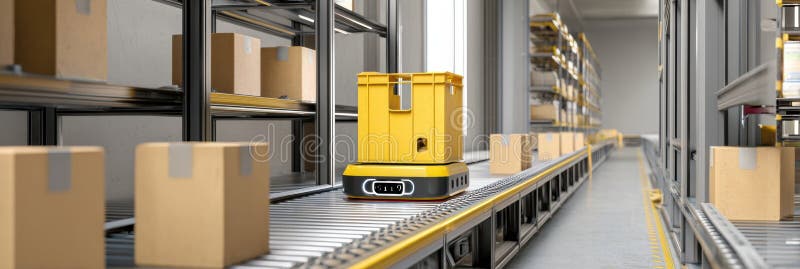 Warehouse Robot Transports Crates on Advanced Smart Tracks in a Modern ...
