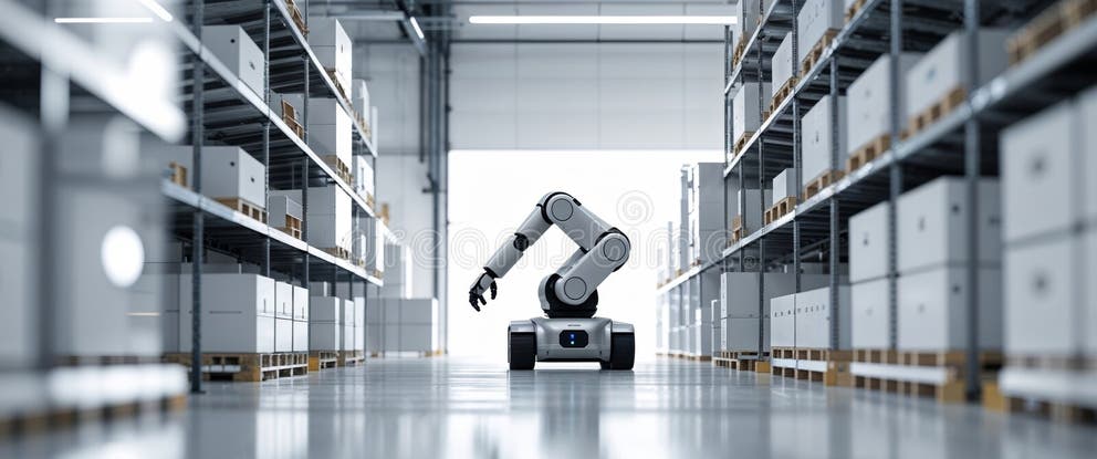 Warehouse Robot Moving Inventory between Shelves in Modern Facility ...