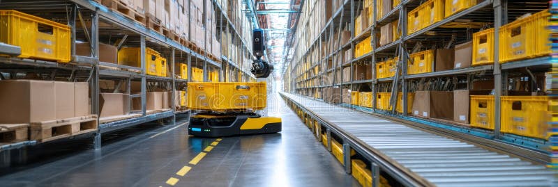 Warehouse Robot Transporting Yellow Crates Along Smart Tracks in an ...